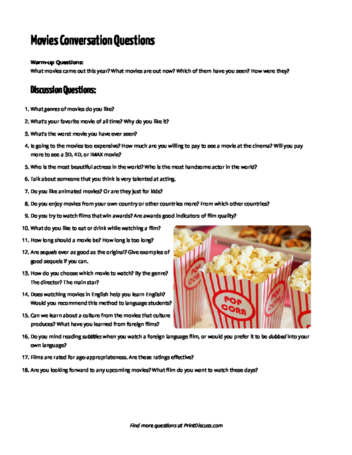 Movies-questions - MDNWJFHBEIH - Movies Conversation Questions Warm-up ...