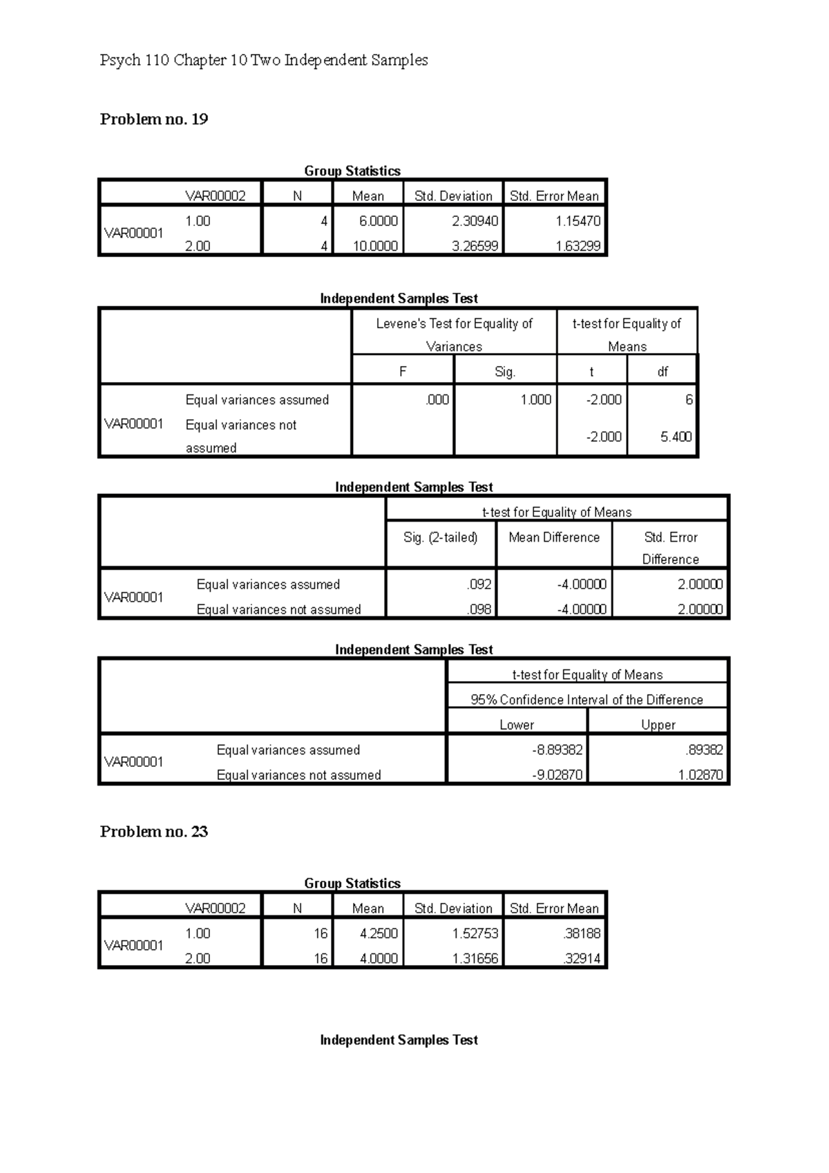 Psych 110 Chapter 10 assignment - Psych 110 Chapter 10 Two Independent ...