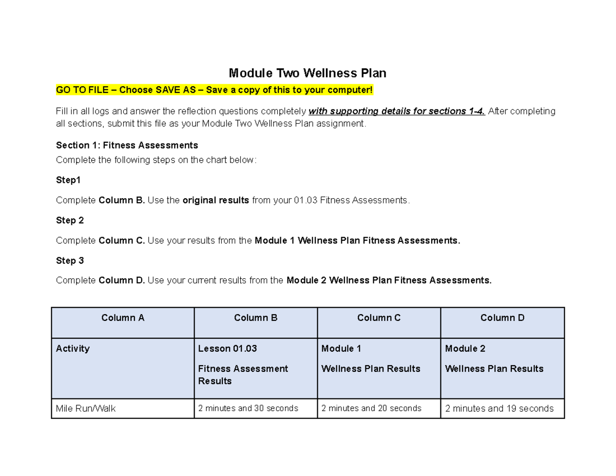 Module two wellness plan - Module Two Wellness Plan GO TO FILE – Choose ...