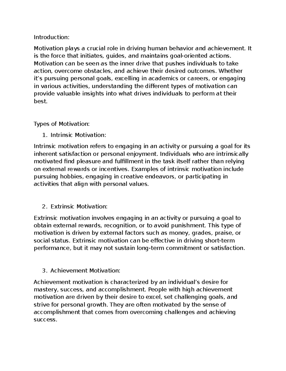 Motivation Motivation and its types - Introduction: Motivation plays a ...