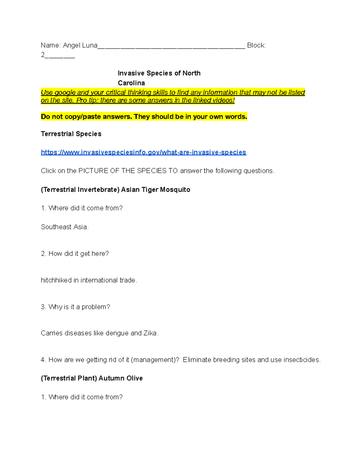 Copy of Invasive Species Web Quest - Name: Angel Luna