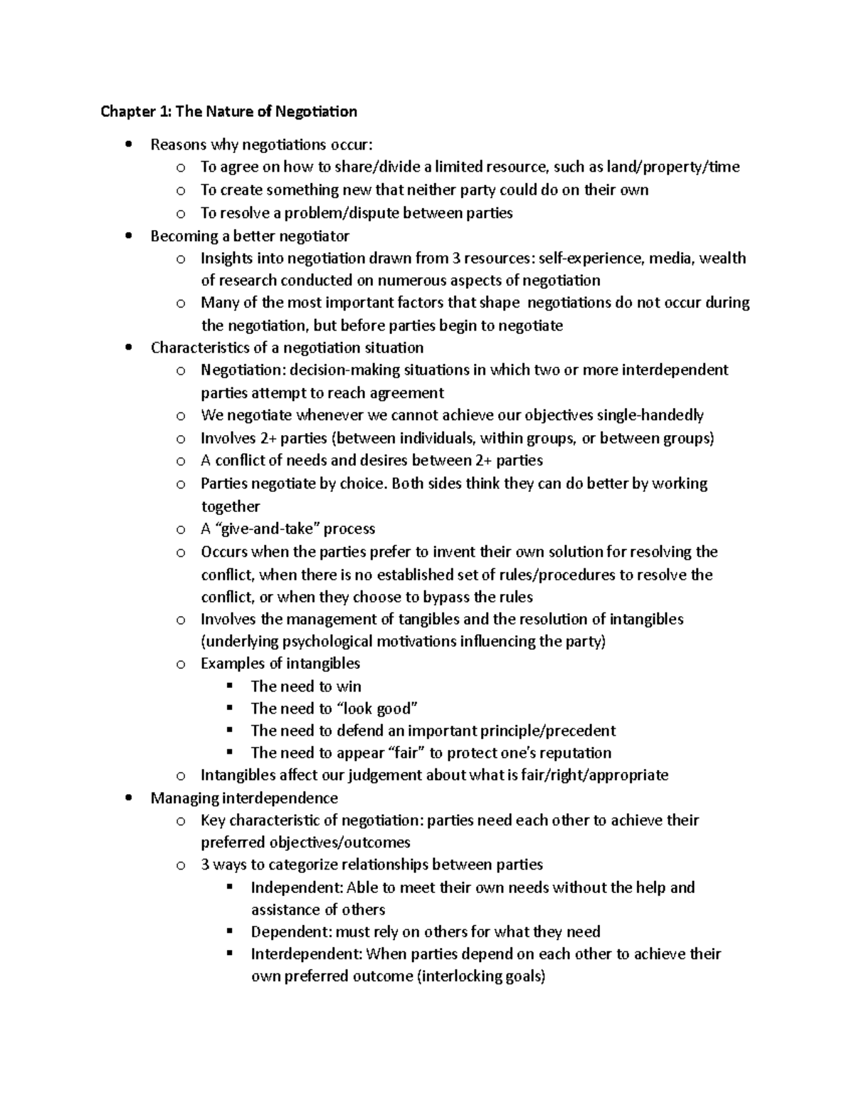 Midterm 1Summary - Chapter 1: The Nature of Negotiation Reasons why ...