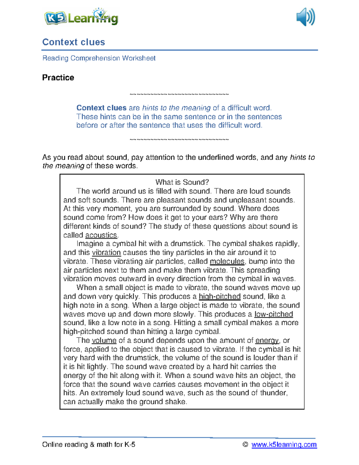 Grade 5 context clues - Online reading & math for K-5 © k5learning ...