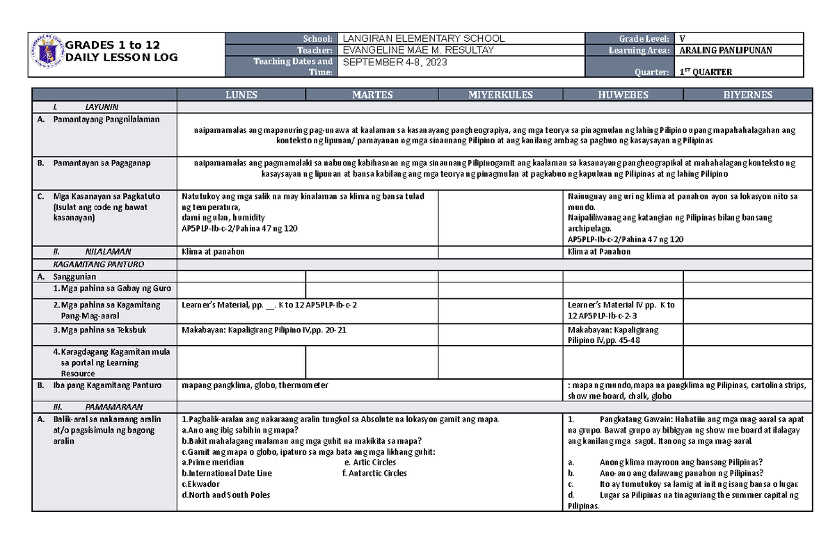 DLL Araling Panlipunan 5 Q1 W2 - GRADES 1 to 12 DAILY LESSON LOG School: LANGIRAN ELEMENTARY ...