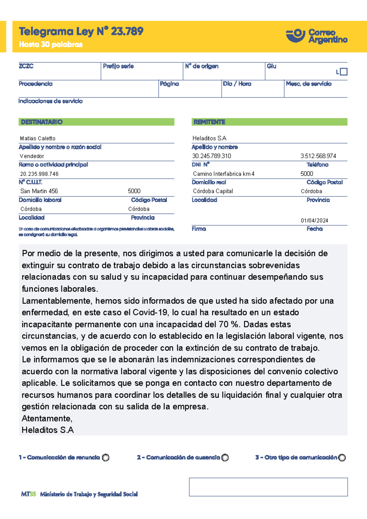 Telegrama de despido - TP 2- Derecho laboral - Derecho del Trabajo y ...