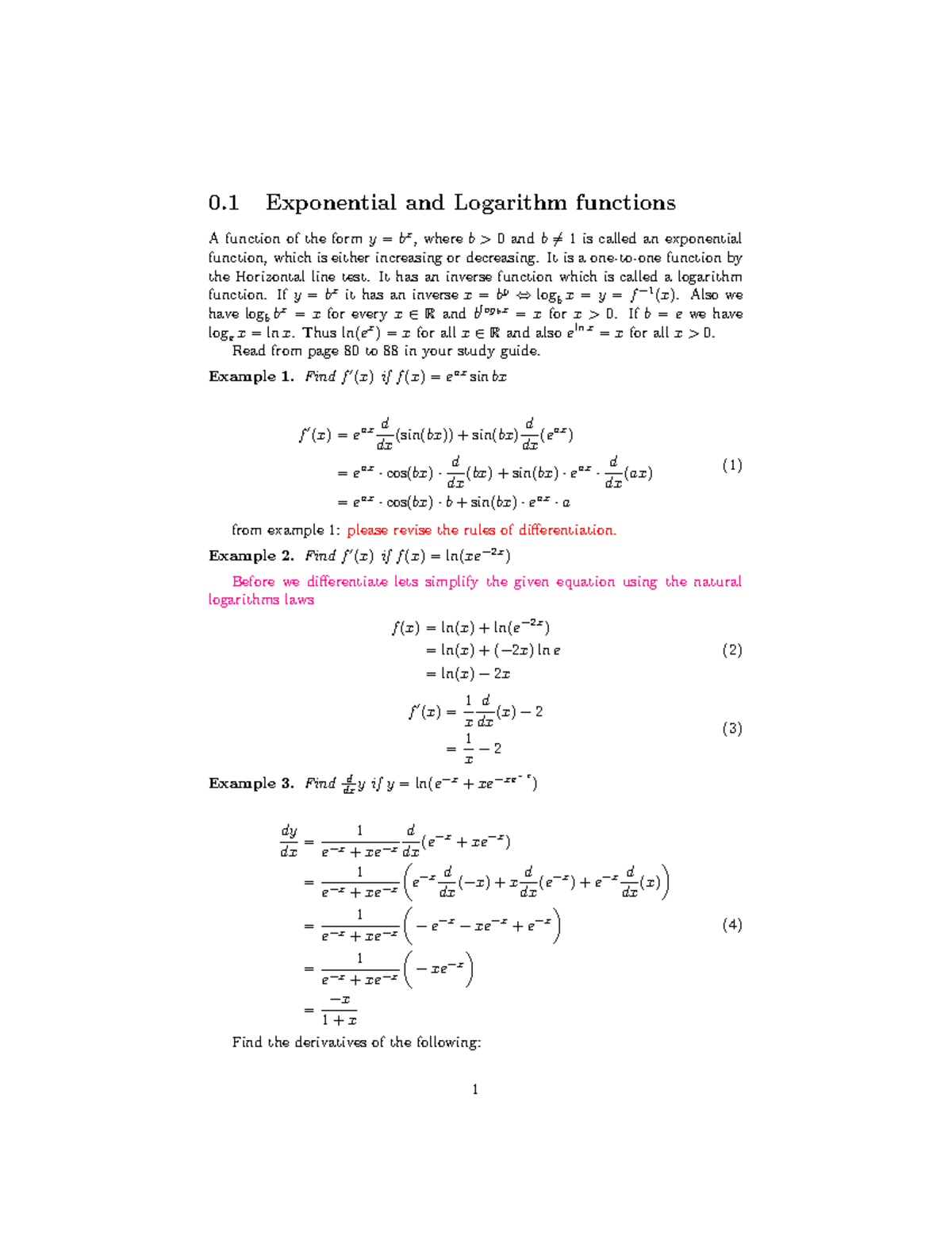 Lecture notes Exponentiall and Logarithm functions - 0 Exponential and ...