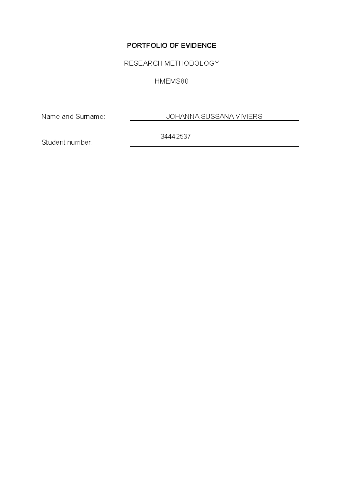 Portfolio of Evidence HMEMS80 34442537 Johanna Viv - PORTFOLIO OF ...
