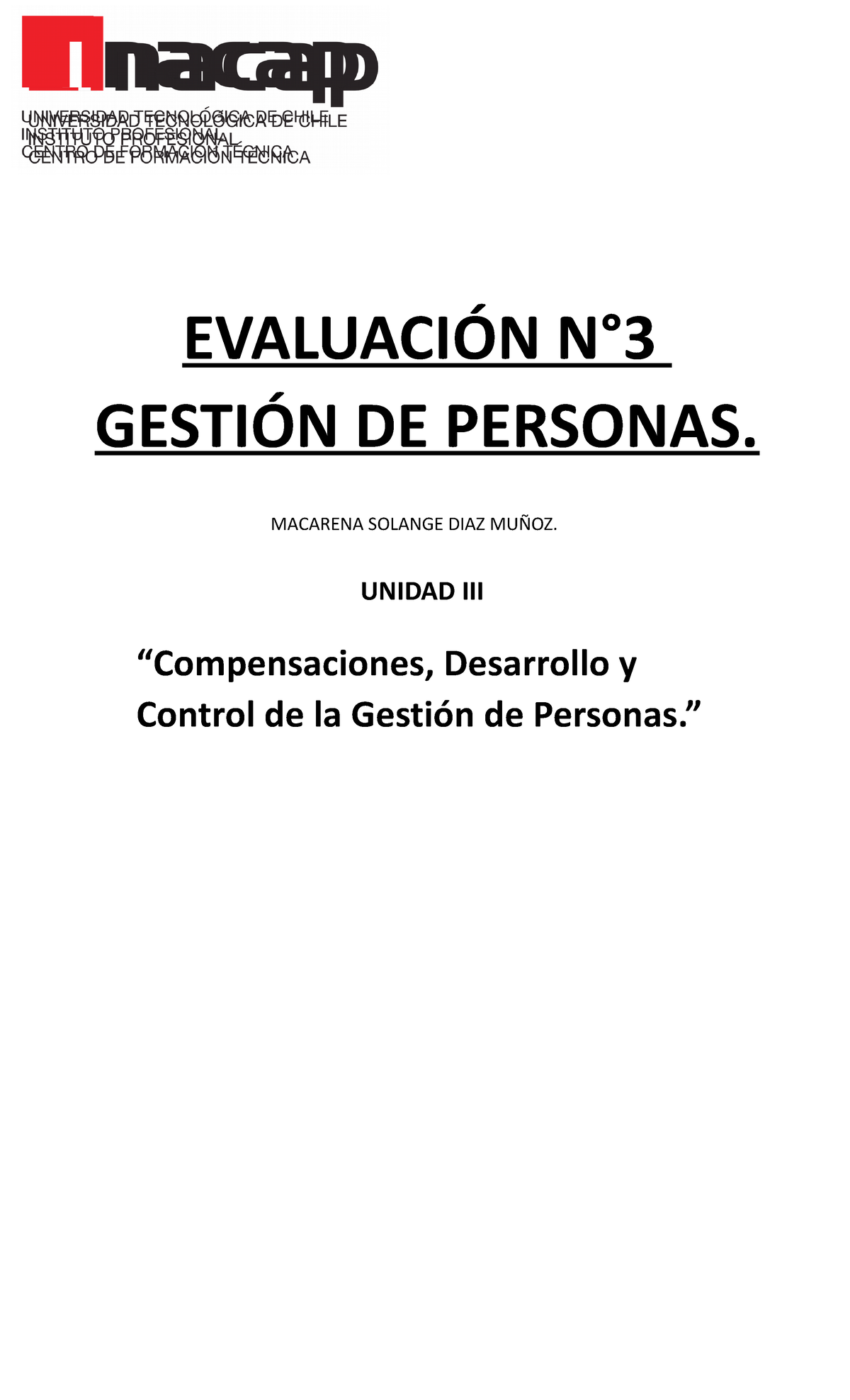 Evaluacion 3 recursos humanos - EVALUACIÓN N° GESTIÓN DE PERSONAS ...