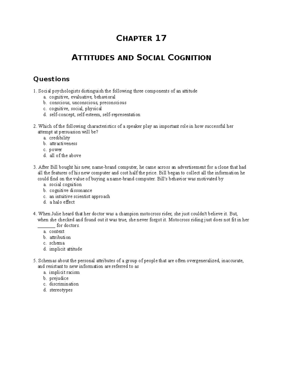 Ch17 Attitudes and Social Cognition - CHAPTER 17 ATTITUDES AND SOCIAL ...