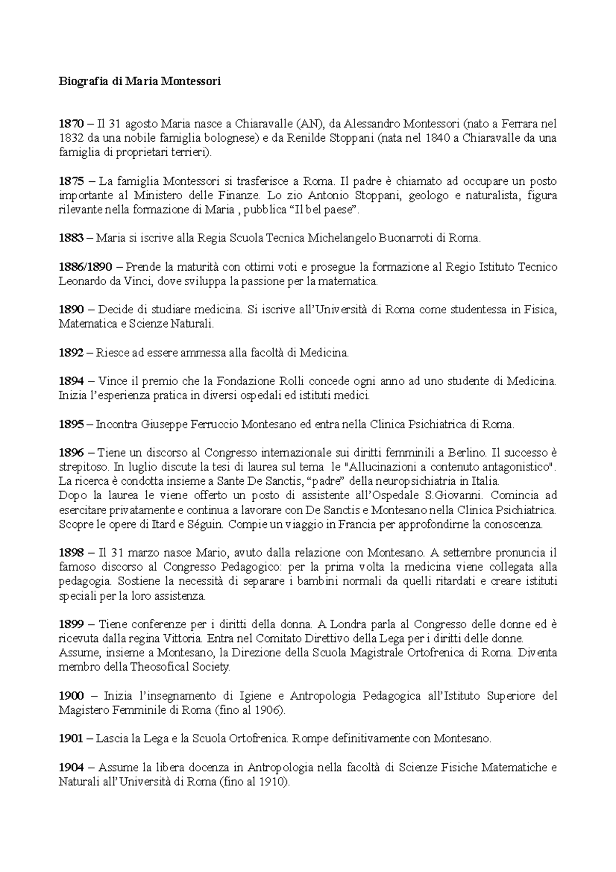 Biografia di Maria Montessori - 1875 – La famiglia Montessori si ...