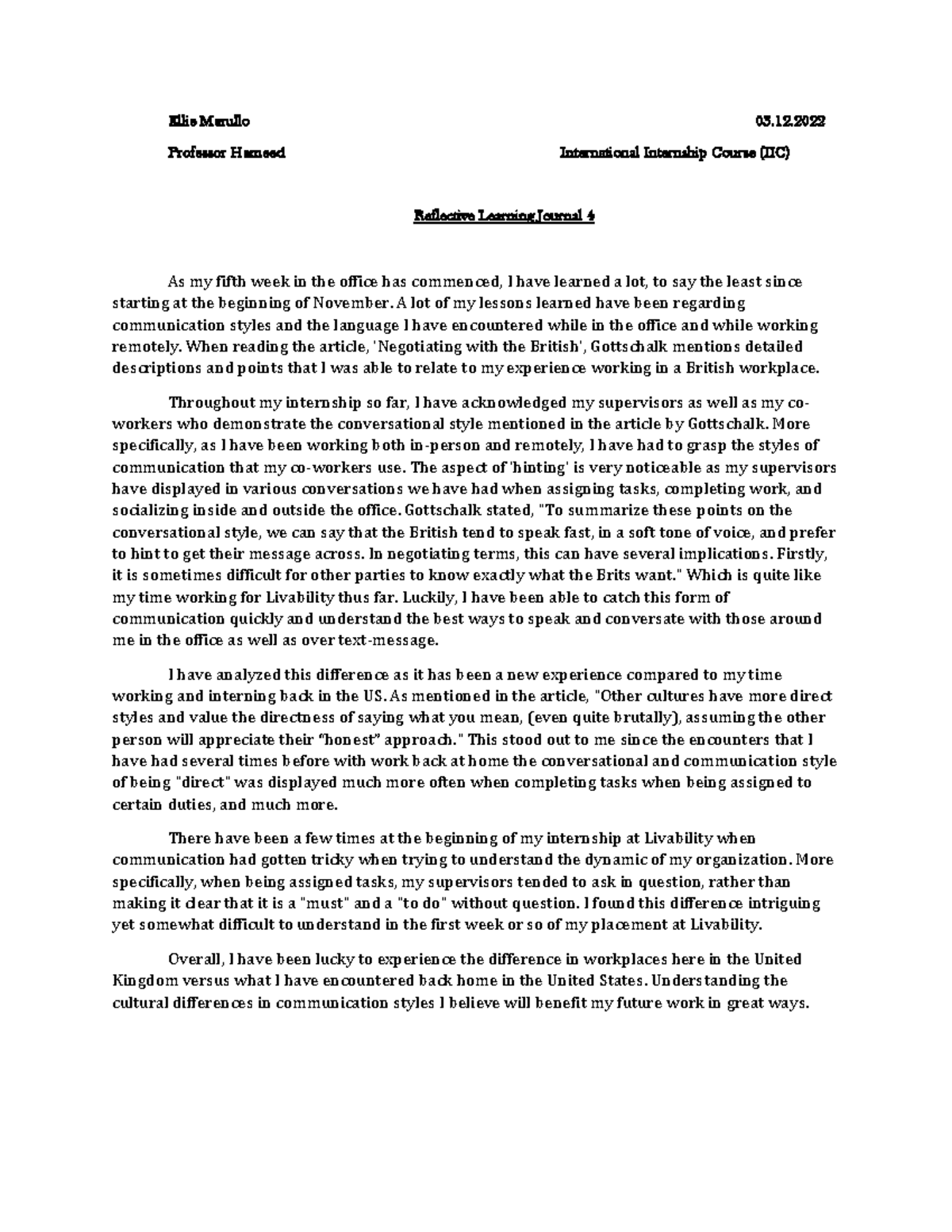 Reflective Journal 4 - Internation Internship Seminar Course ...