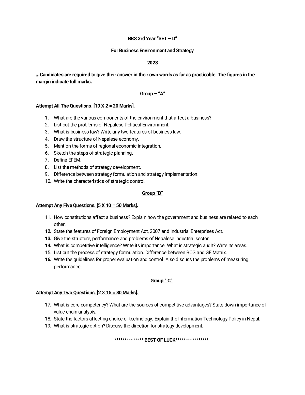 SET D Business Environment AND Strategy - BBS 3rd Year “SET – D” For ...