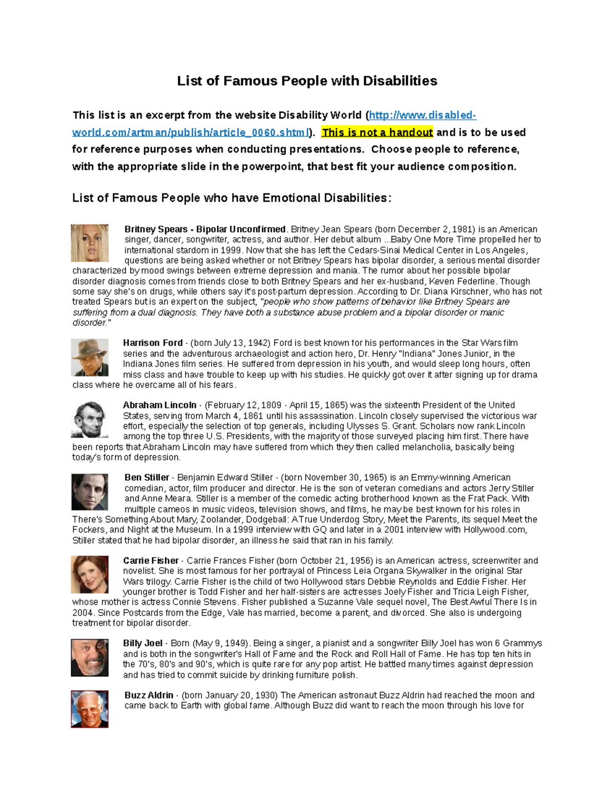 List of Famous People with Disabilities - This is not a handout and is ...