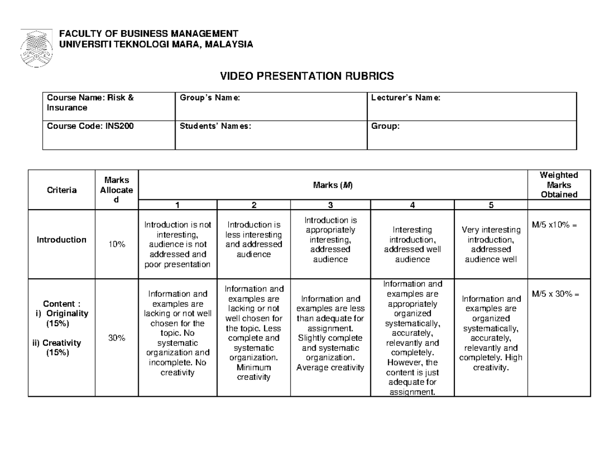 INS200 Rubric Video or Interactive presentation - FACULTY OF BUSINESS MANAGEMENT UNIVERSITI ...