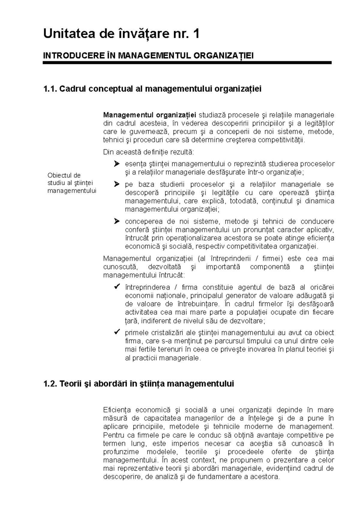 Suport Curs Management Facultatea de Drept - Unitatea de învăţare nr. 1 INTRODUCERE ÎN ...