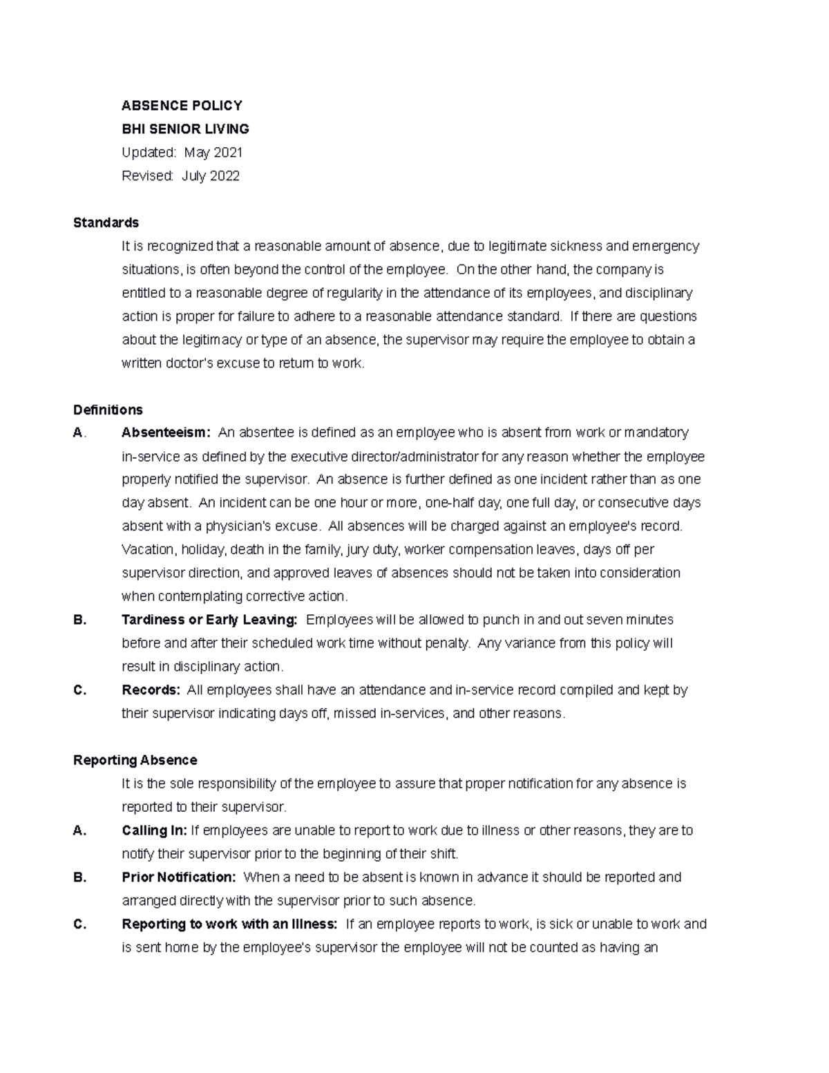 Absenteeism Policy 2022 - ABSENCE POLICY BHI SENIOR LIVING Updated: May ...