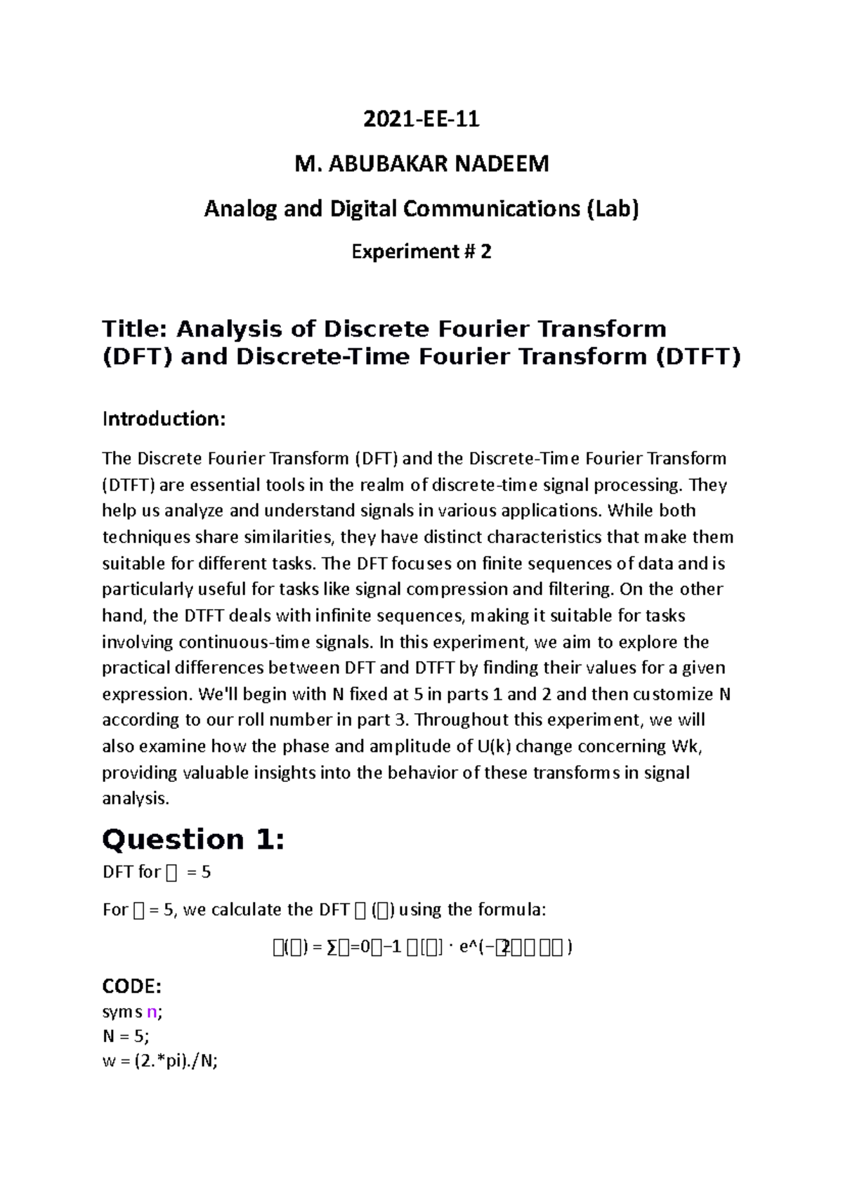 ADC LAB 2 Final - Lab report - 2021-EE- M. ABUBAKAR NADEEM Analog and Digital Communications ...