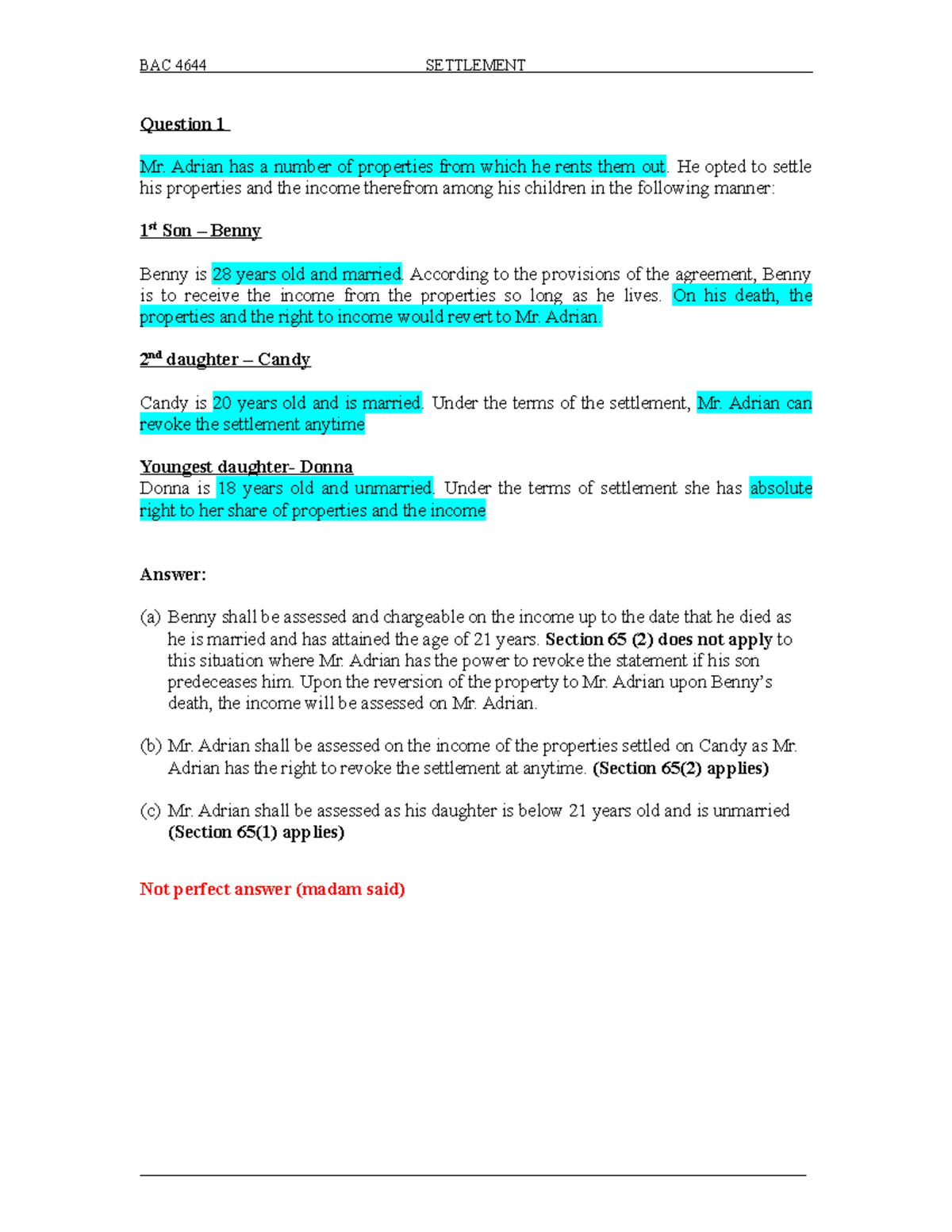 2. Settlement Class Exe Q - BAC 4644 SETTLEMENT Question 1 Mr. Adrian ...