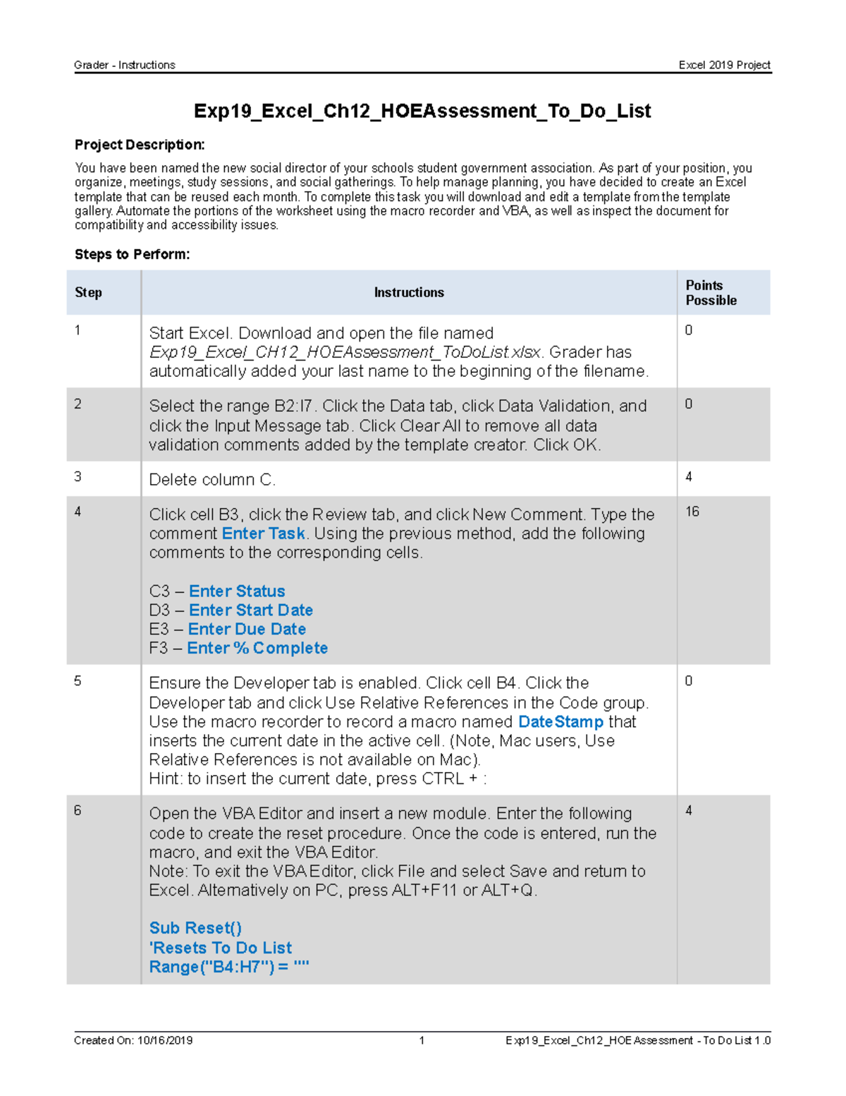 Exp19 Excel Ch12 HOEAssessment To Do List Instructions - Grader ...