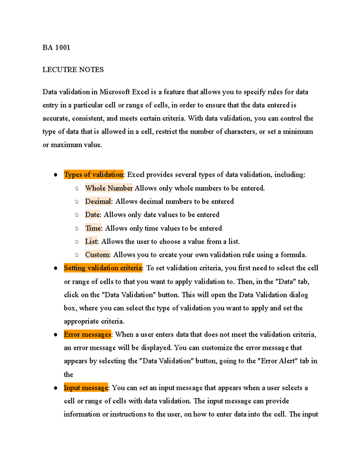 DATA Validation - BA 1001 LECTURE NOTES - BA 1001 LECUTRE NOTES Data ...