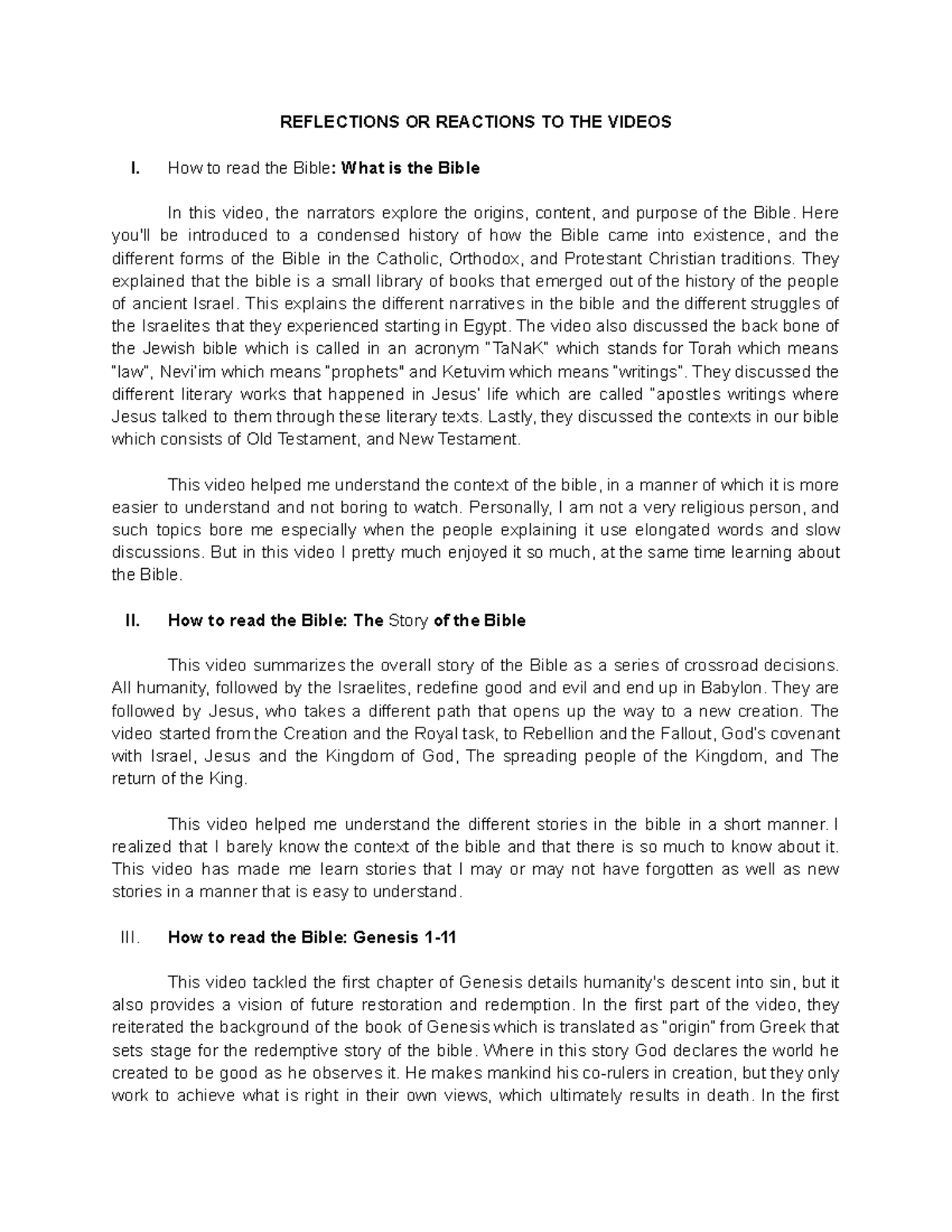 Reflection TO THE Videos - REFLECTIONS OR REACTIONS TO THE VIDEOS I ...