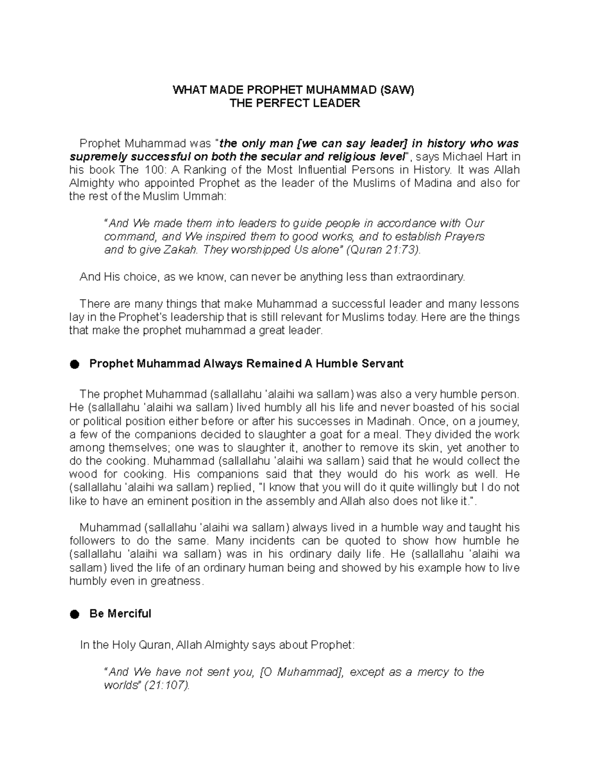 Islamic Leadership Assignment - WHAT MADE PROPHET MUHAMMAD (SAW) THE ...