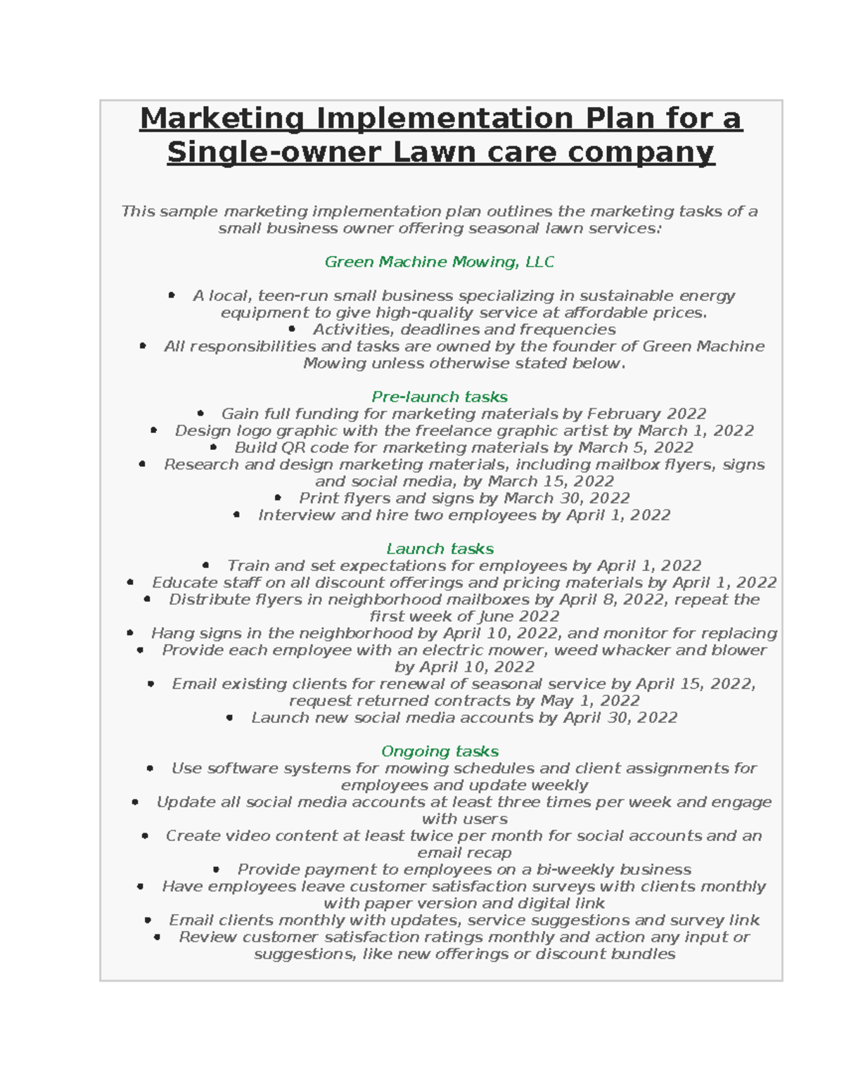 Marketing Implementation Plan - Activities, deadlines and frequencies ...