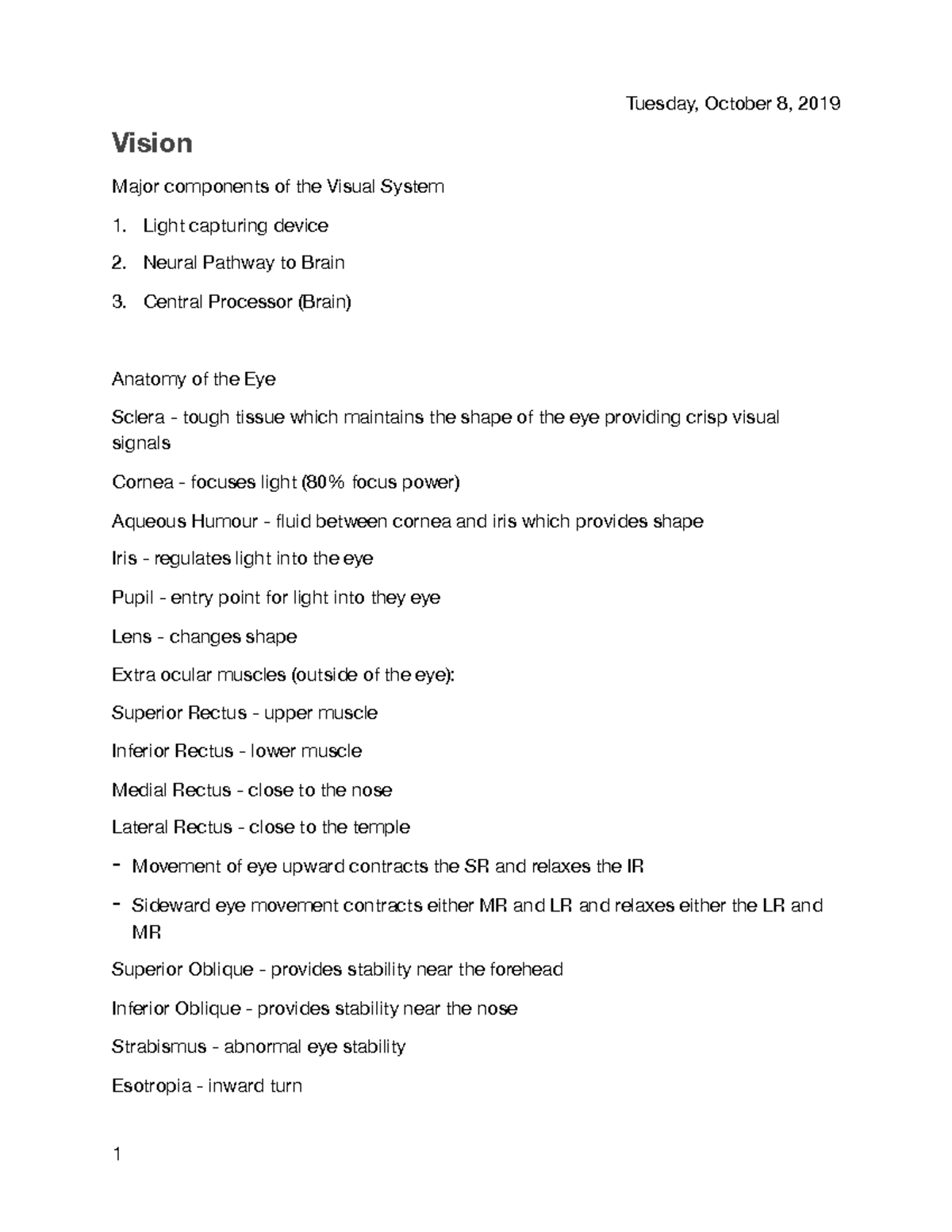 Vision - Visual Processes - Tuesday, October 8, 2019 Vision Major ...