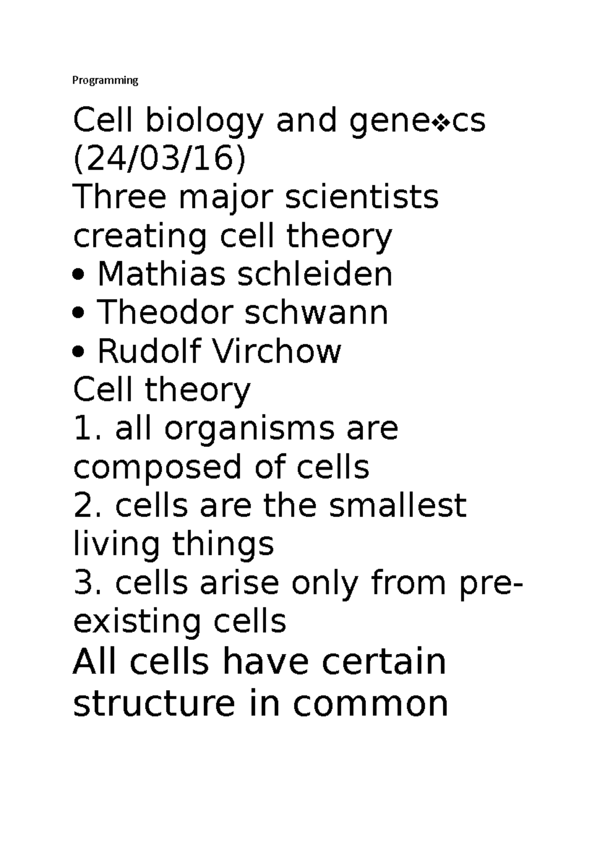 Programming - Notes - Programming Cell biology and gene cs (24/03/16 ...
