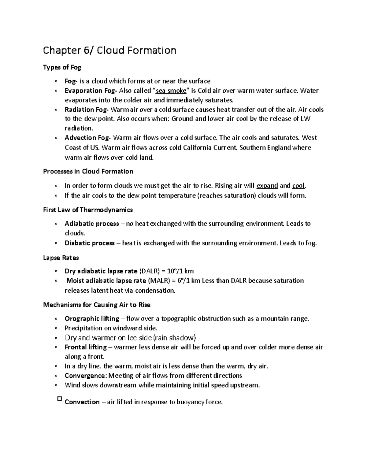 Chapter 6 and 7 Meterology - Chapter 6/ Cloud Formation Types of Fog ...