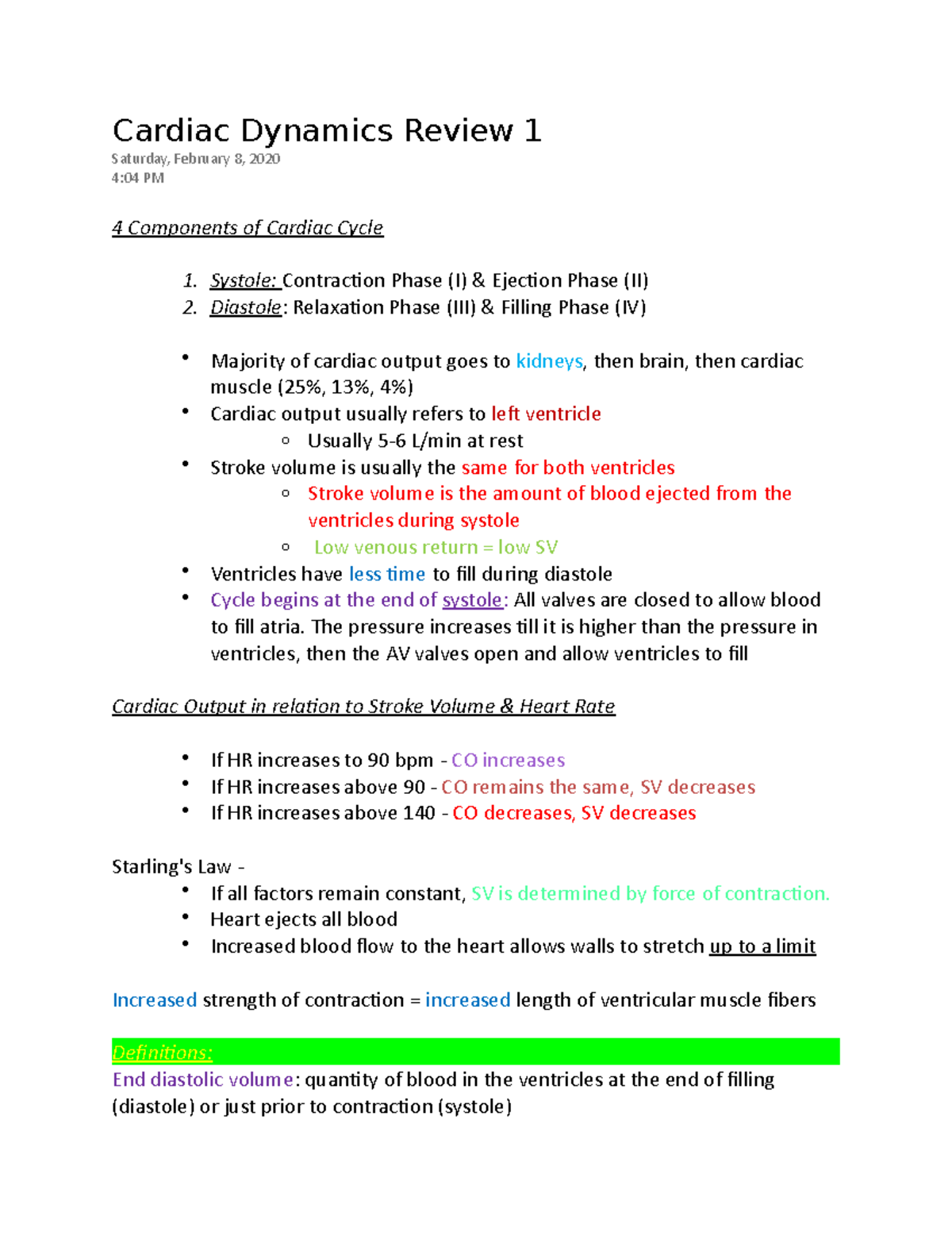 Cardiac Dynamics Review - Systole: Contraction Phase (I) & Ejection ...