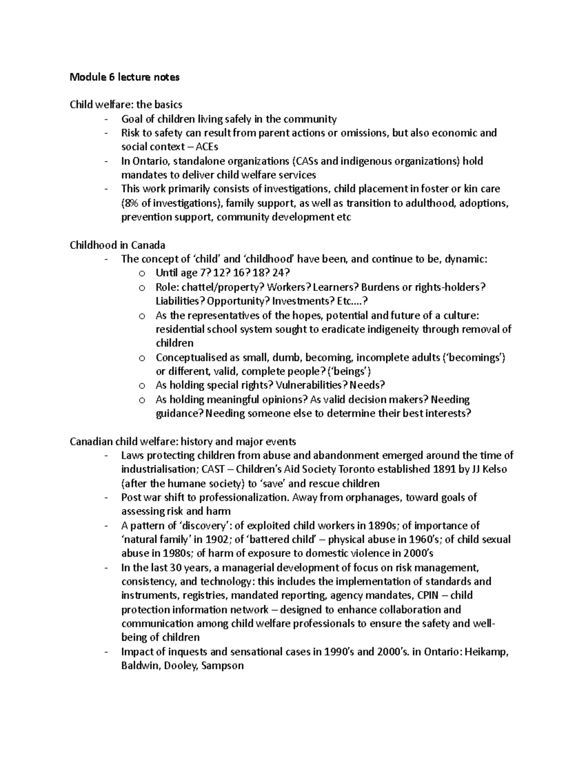 Social work midterm 2 notes - Module 6 lecture notes Child welfare: the ...