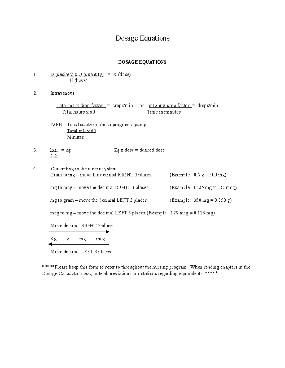 Dosage Equations worksheet - Dosage Equations DOSAGE EQUATIONS D ...