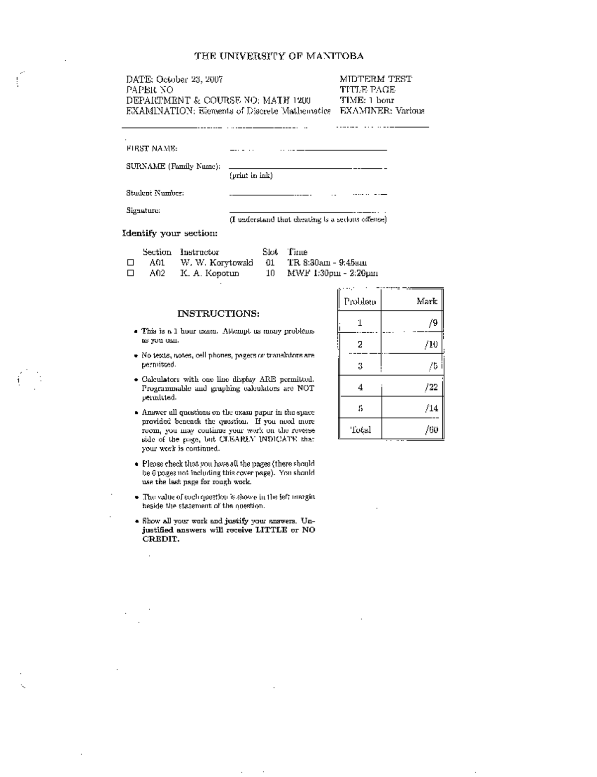 Sample/practice exam 23 October 2007, questions - midterm test - MATH ...