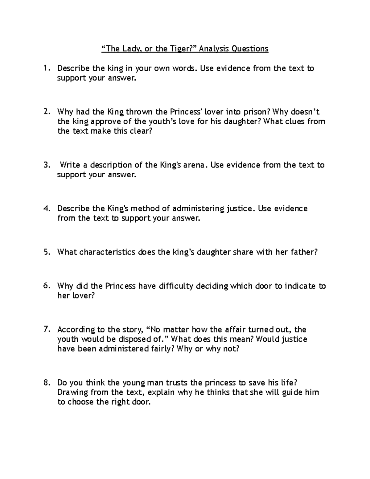 Analysis Questions - “The Lady, or the Tiger?” Analysis Questions ...