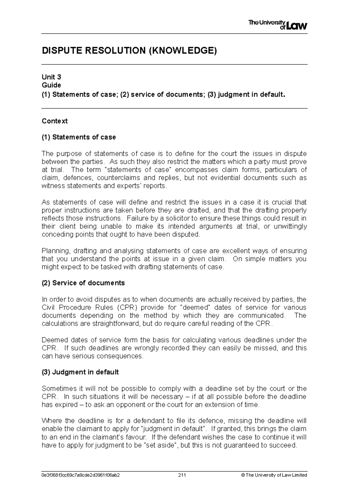 Guide for WS3 - DISPUTE RESOLUTION (KNOWLEDGE) Unit 3 Guide (1 ...