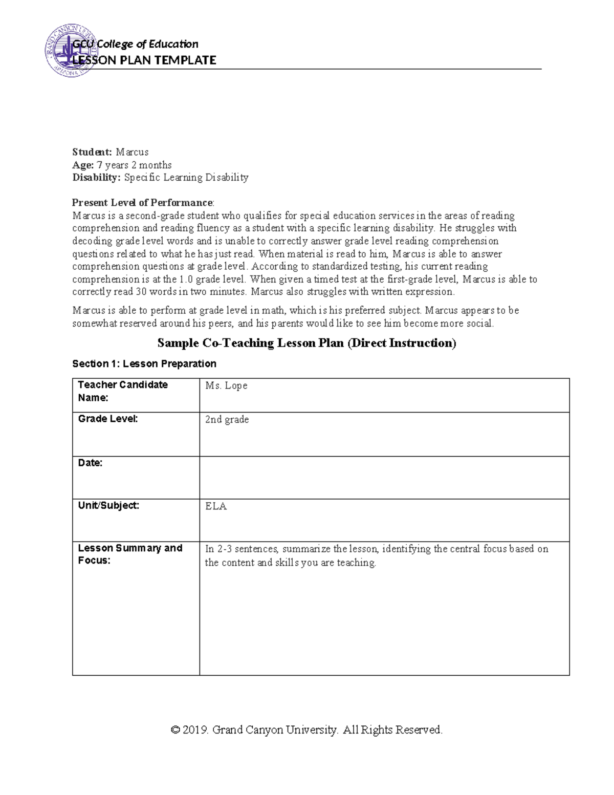 SPD 550 RS Marcus Partial IEP and Lesson - LESSON PLAN TEMPLATE Student ...