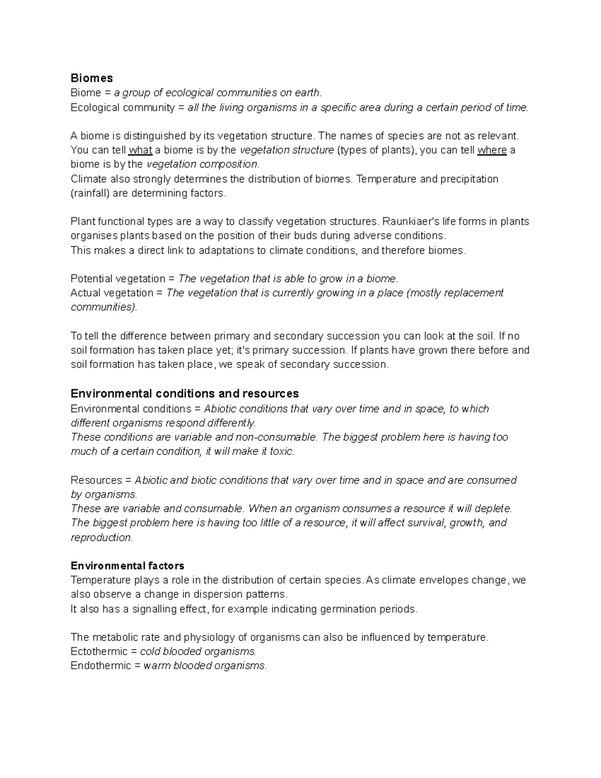 Ecology I - L2, L3 - Notes lecture 2 (biomes) and 3 (populations ...