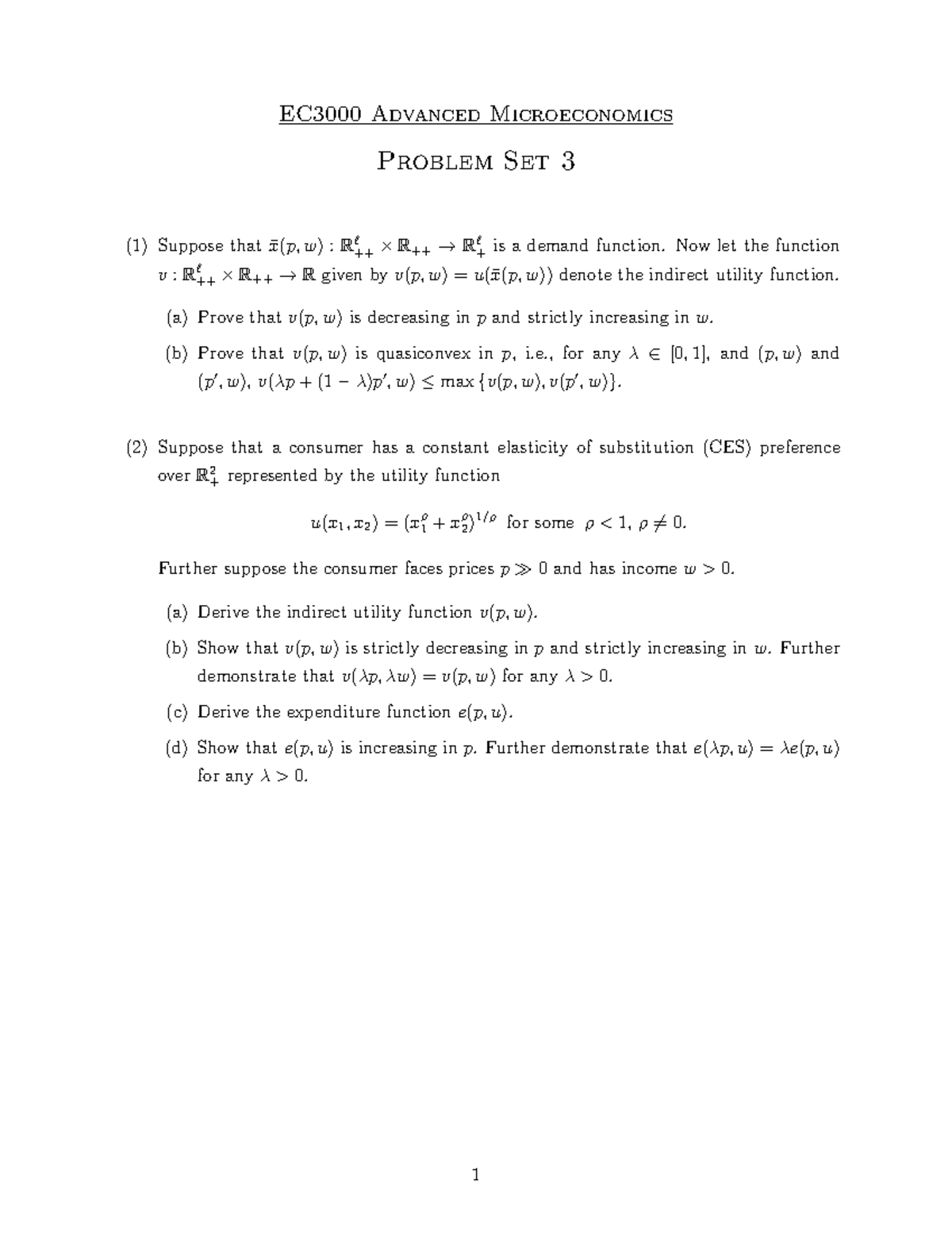 EC3000 Problem Set 03 - EC3000 Advanced Microeconomics Problem Set 3 (1 ...
