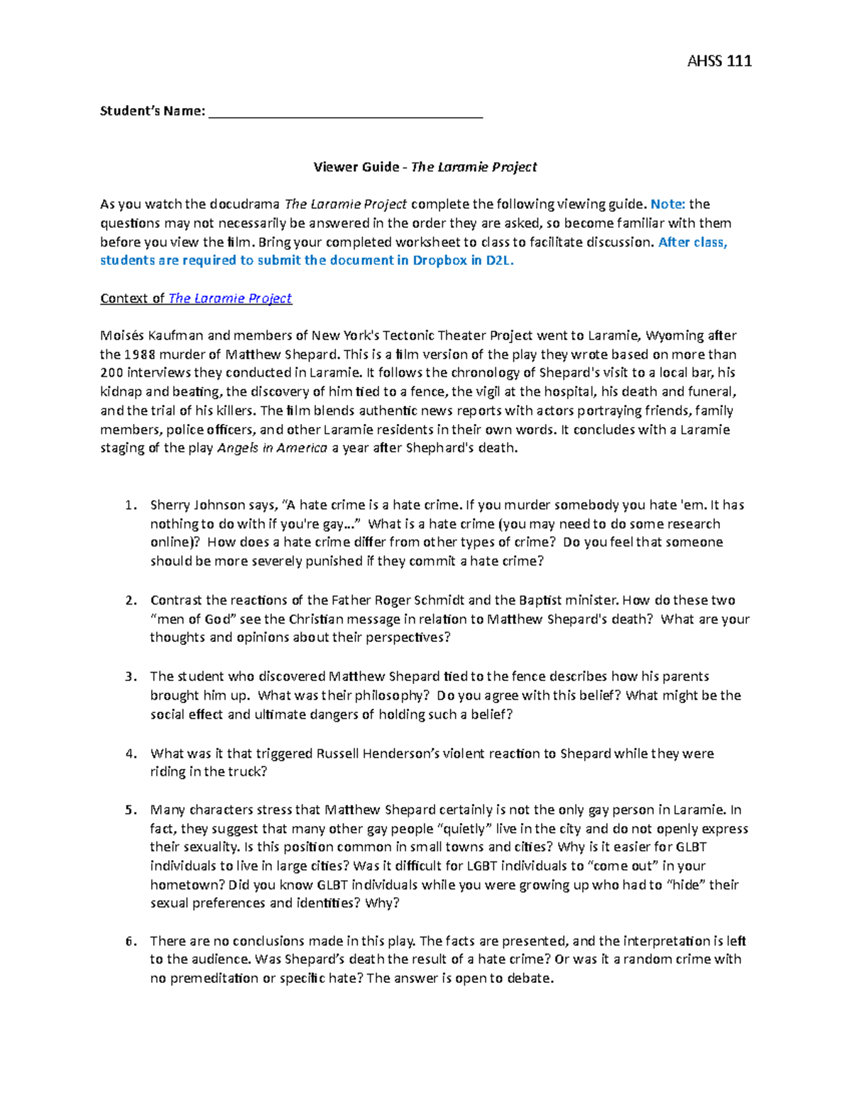 Viewer Guide #4 - The Laramie Project - AHSS 111 Student’s Name: - Studocu