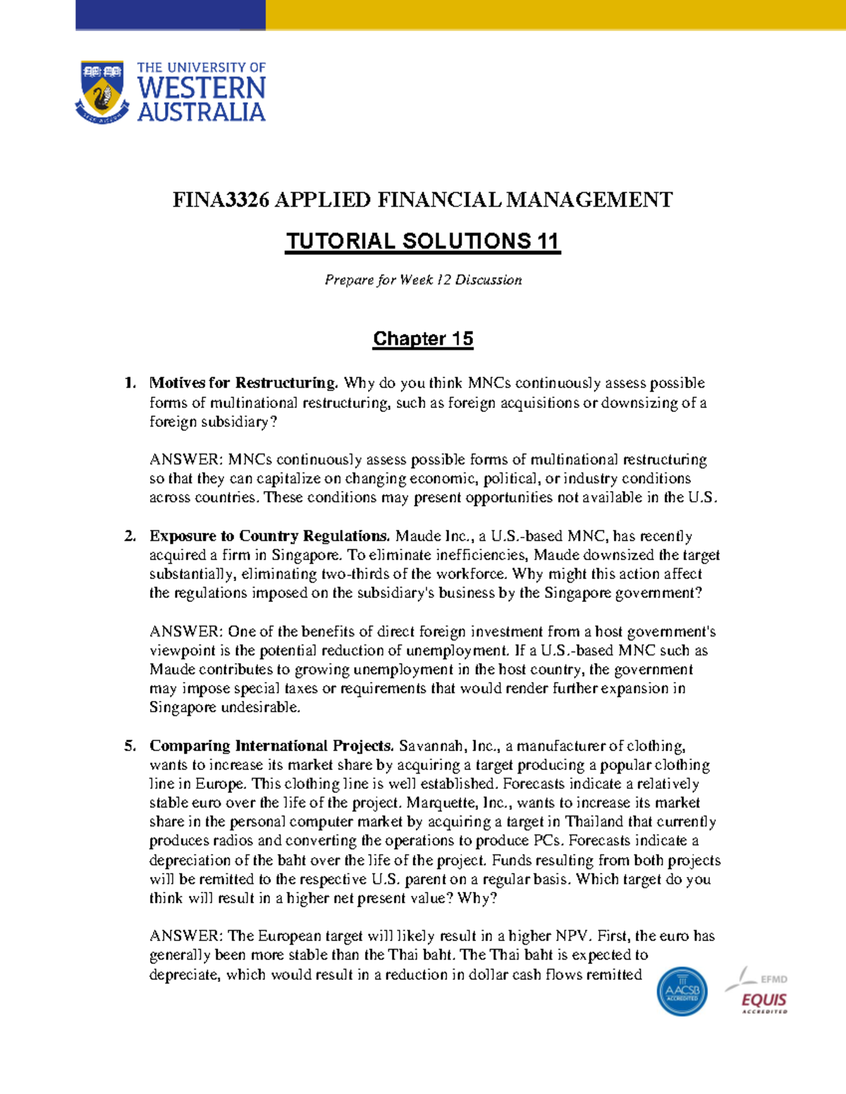 Tutorial Solutions 11 2024 - FINA3326 APPLIED FINANCIAL MANAGEMENT ...