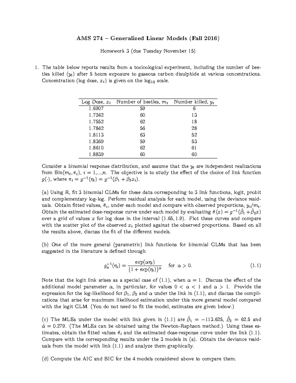 Hwk-3 - AMS274: Generalized Linear Models - AMS 274 – Generalized ...