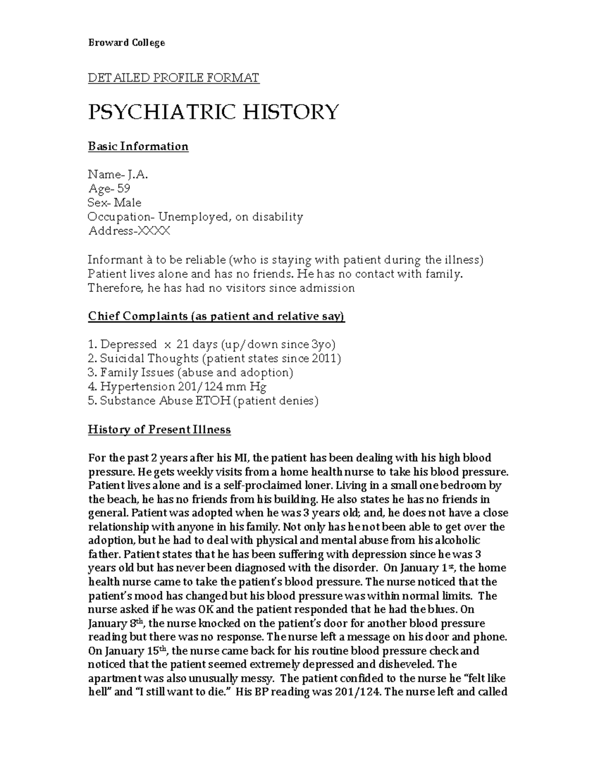 Sample Detailed Profile - DETAILED PROFILE FORMAT PSYCHIATRIC HISTORY ...