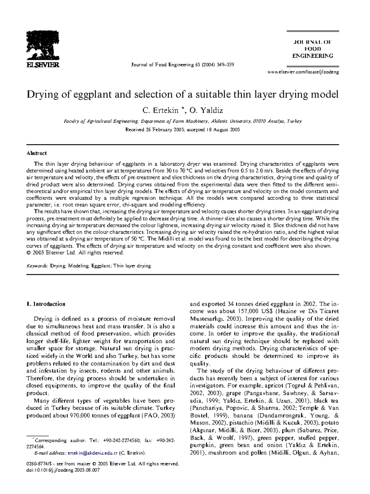 Drying of eggplant and selection of a suitable thin layer drying model ...