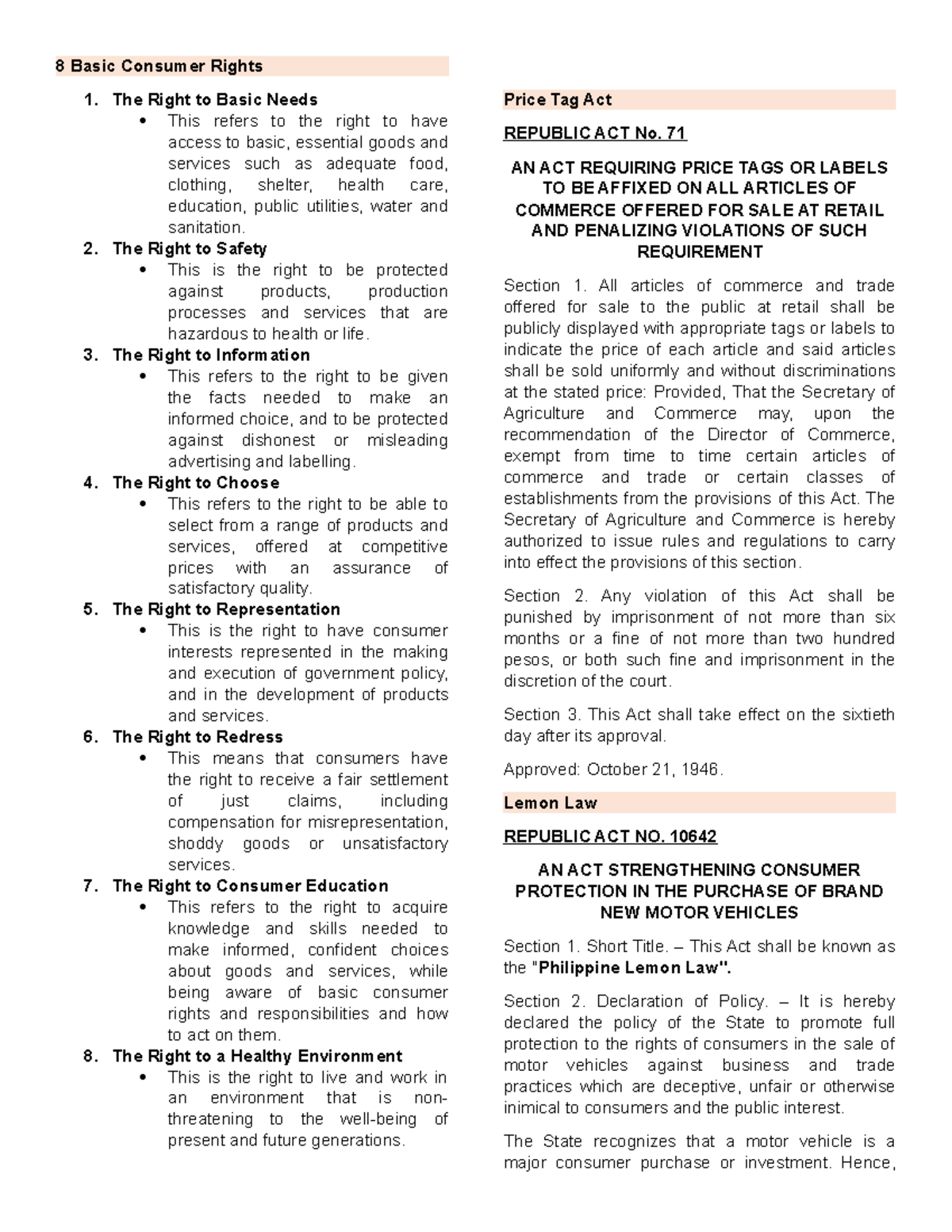 Consumer Rights, Price Tag Act, and Lemon Law - 8 Basic Consumer Rights ...