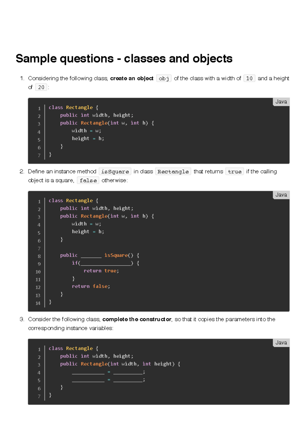 Sample Questions Online Quiz 1 - 1. Considering the following class ...