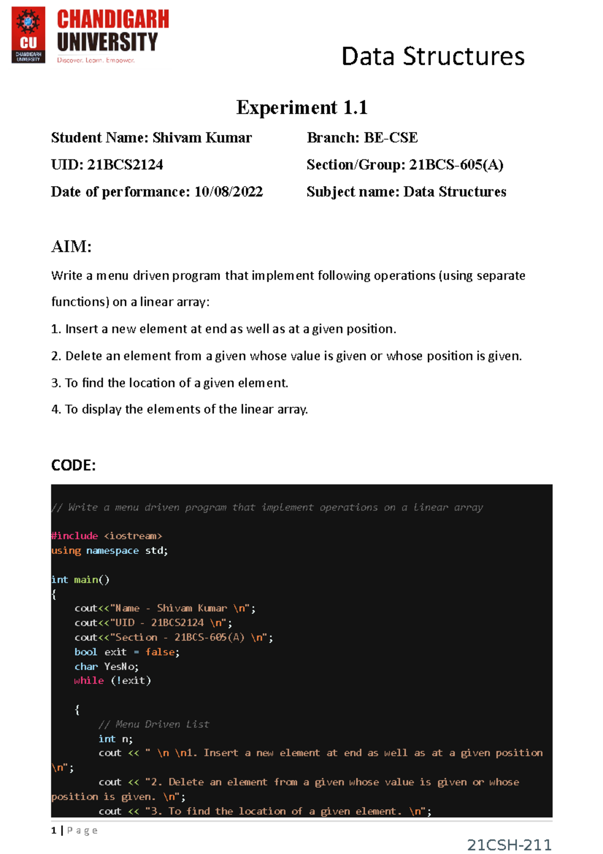 DS-Worksheet-1 Alasso - Experiment 1. Student Name: Shivam Kumar Branch: BE-CSE UID: 21BCS2124 ...