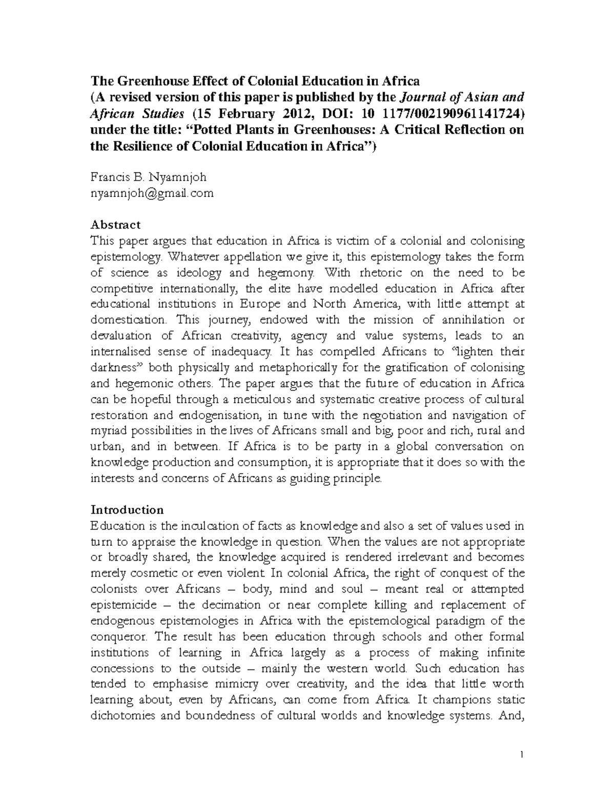 Song of lawino - The Greenhouse Effect of Colonial Education in Africa ...