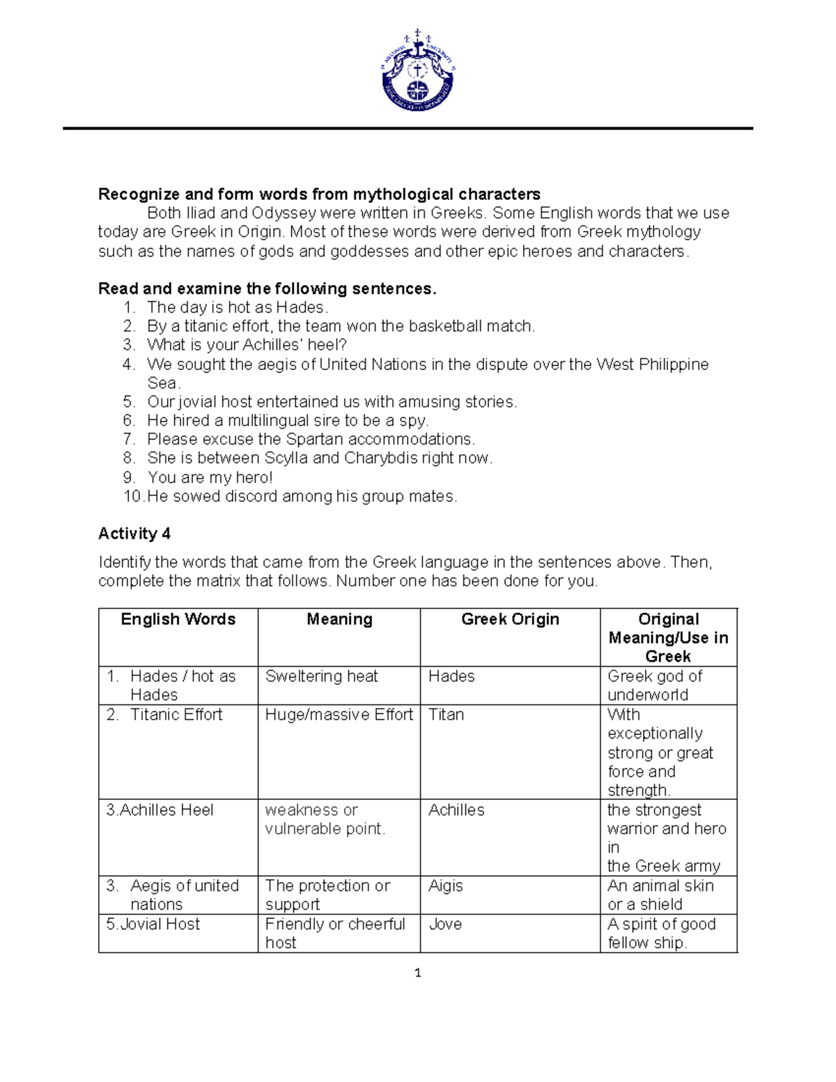 Activity - Elements and Word Derivation - Recognize and form words from mythological characters ...