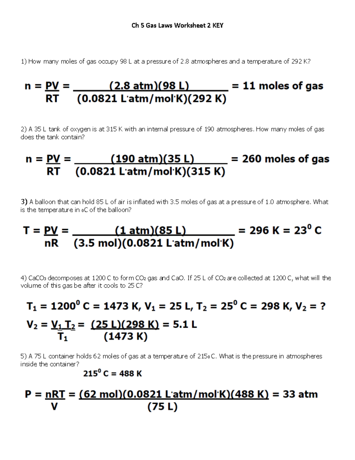 Exam 2 WS 6 Ch 5 Gas L Aws Worksheet 2 KEY How Many Moles Of Gas
